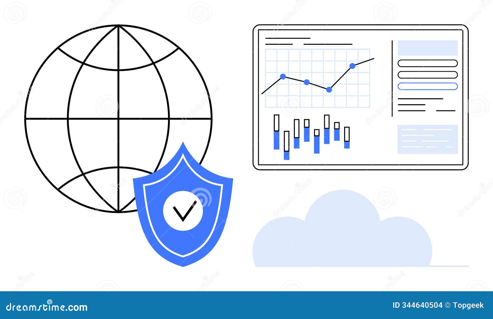 Global Network Security with Data Analysis on Screen and Cloud Backup Stock Illustration ...