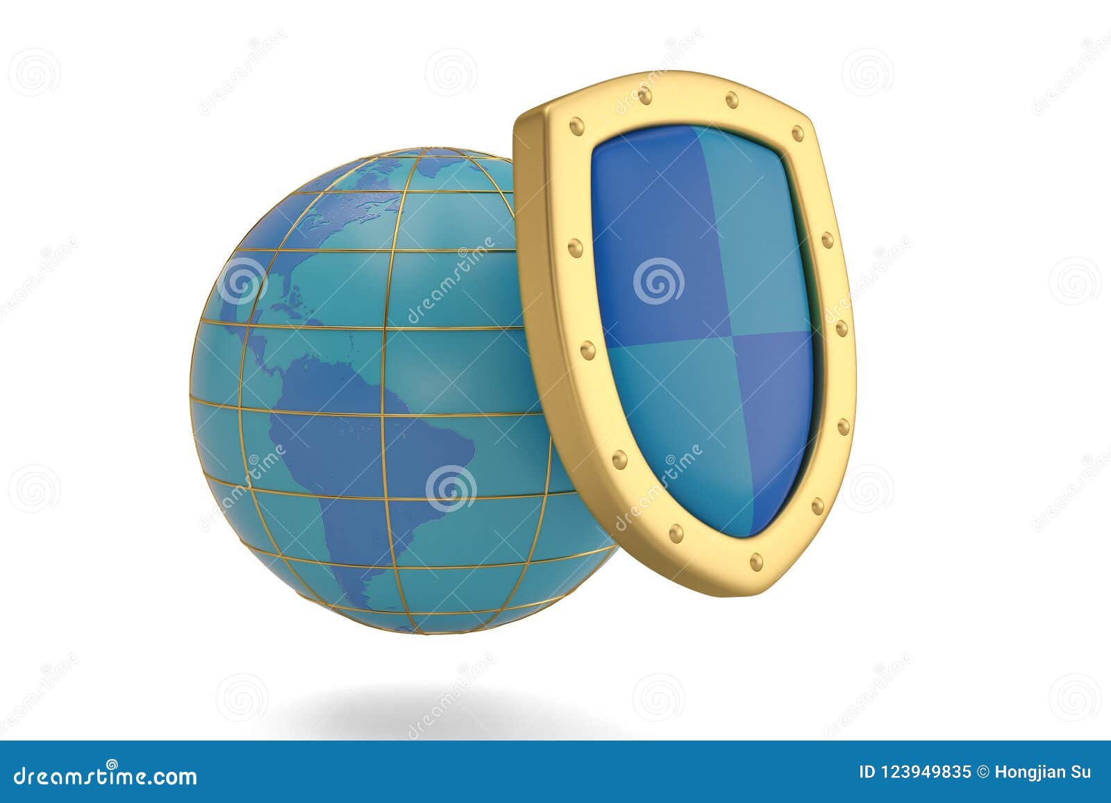 Globe and Shield on White Background.3D Illustration. Stock ...