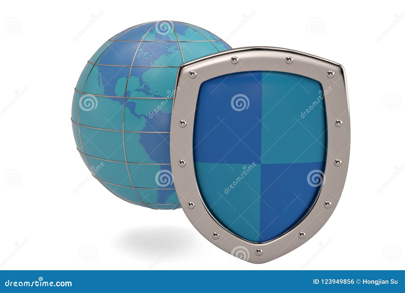 Globe and Shield on White Background.3D Illustration. Stock ...