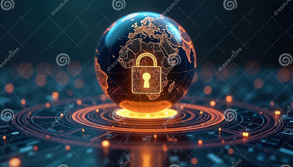 Globe Shows Global Digital Protection. Padlock on Earth Sphere. Tech ...