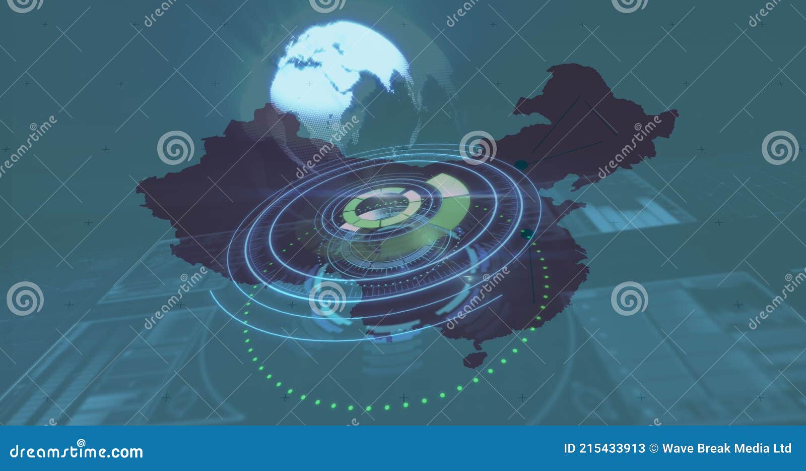 Globe Spinning Over Round Scanner and World Map Against Digital Interface with Data Processing ...