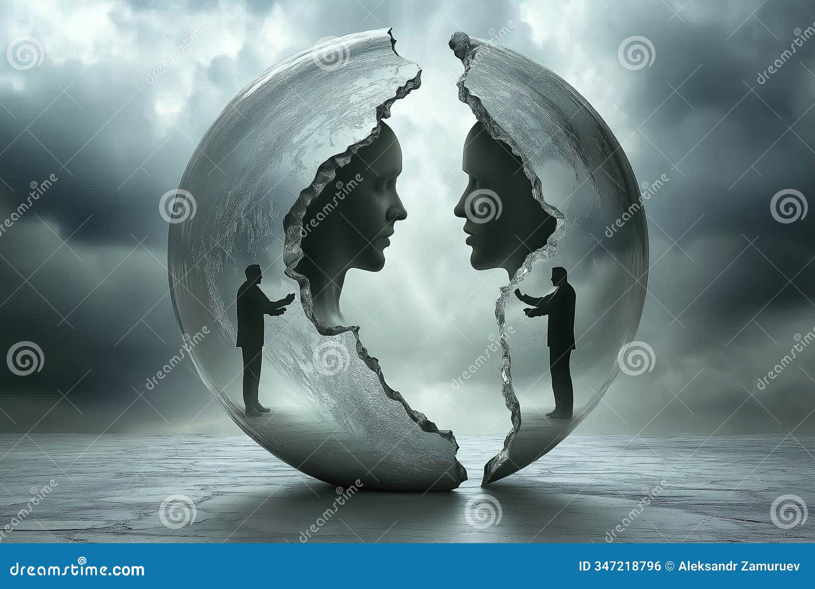A Globe Splits in Two, Revealing Human Figures Symbolizing Isolation ...