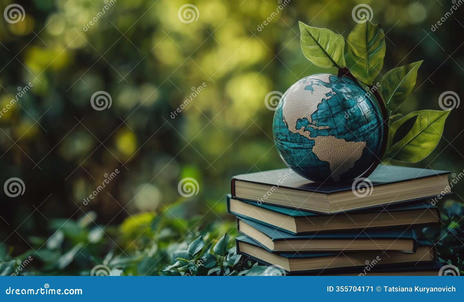 Globe on Stack of Books Surrounded by Greenery Symbolizing Knowledge ...
