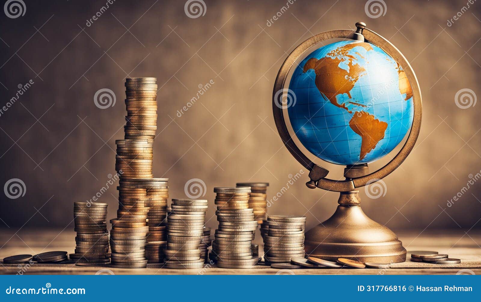 Globe and Stack with Coins. Money Makes the World Go Round Stock ...