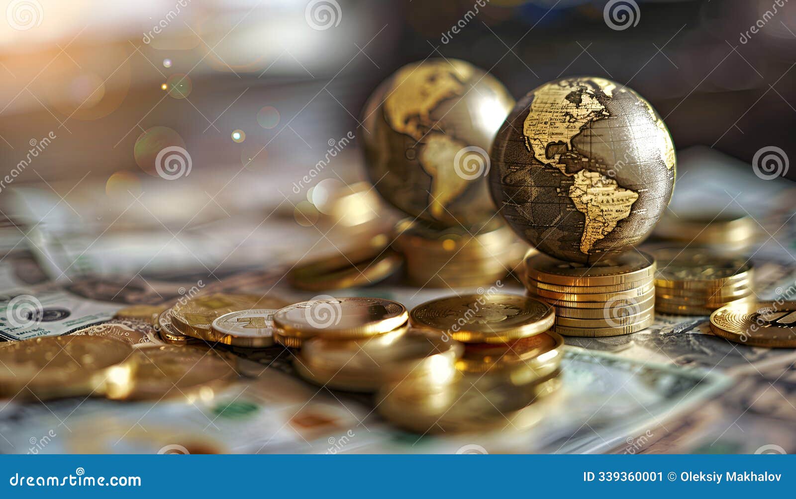 Globe and Stack with Coins. Money Makes the World Go Round Stock ...