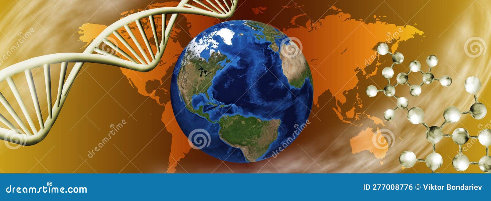 Globe and Stylized DNA Chains on the Background of the World Map Stock ...