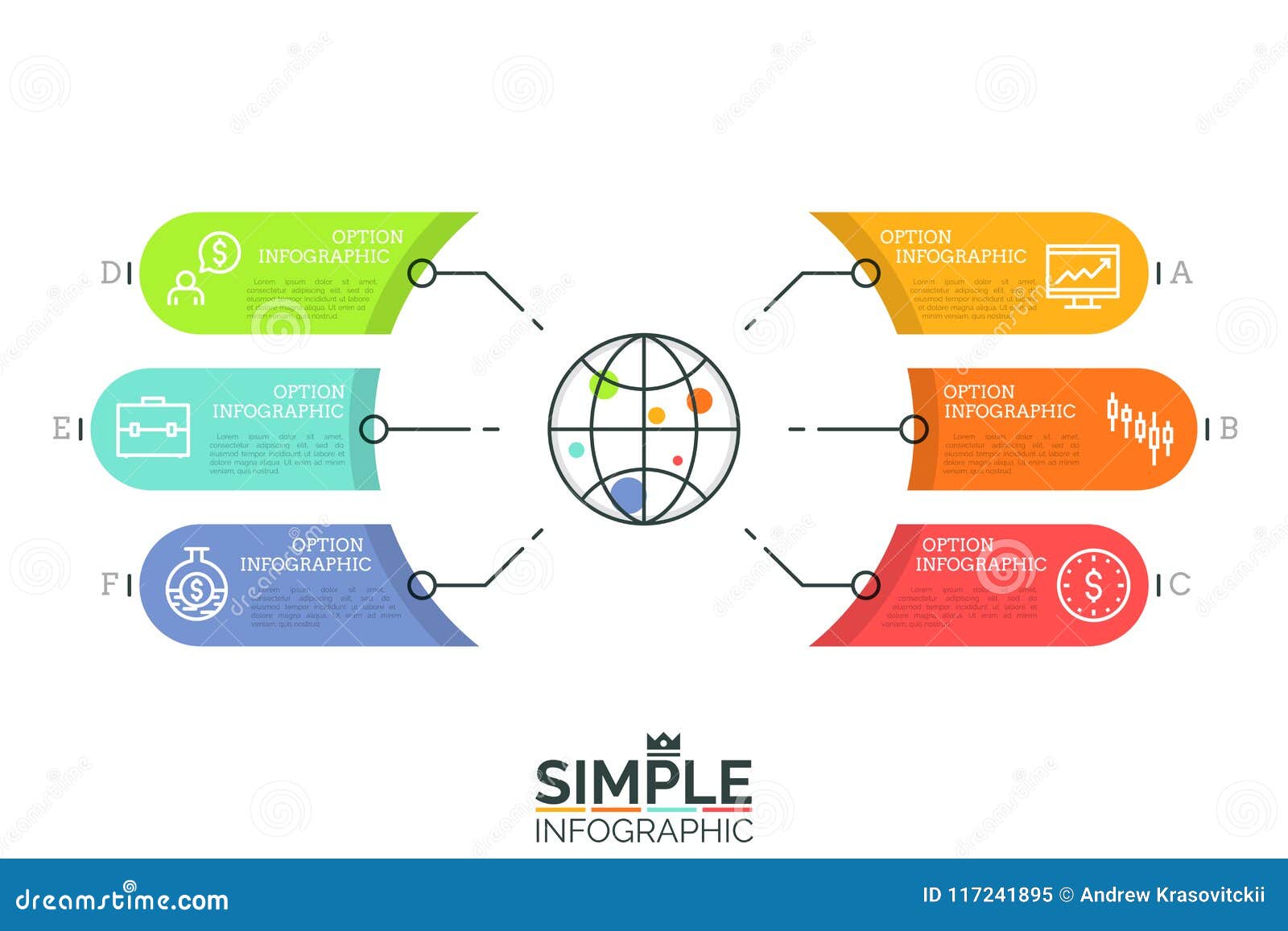 Globe Surrounded by 6 Colorful Elements with Place for Text and Thin ...
