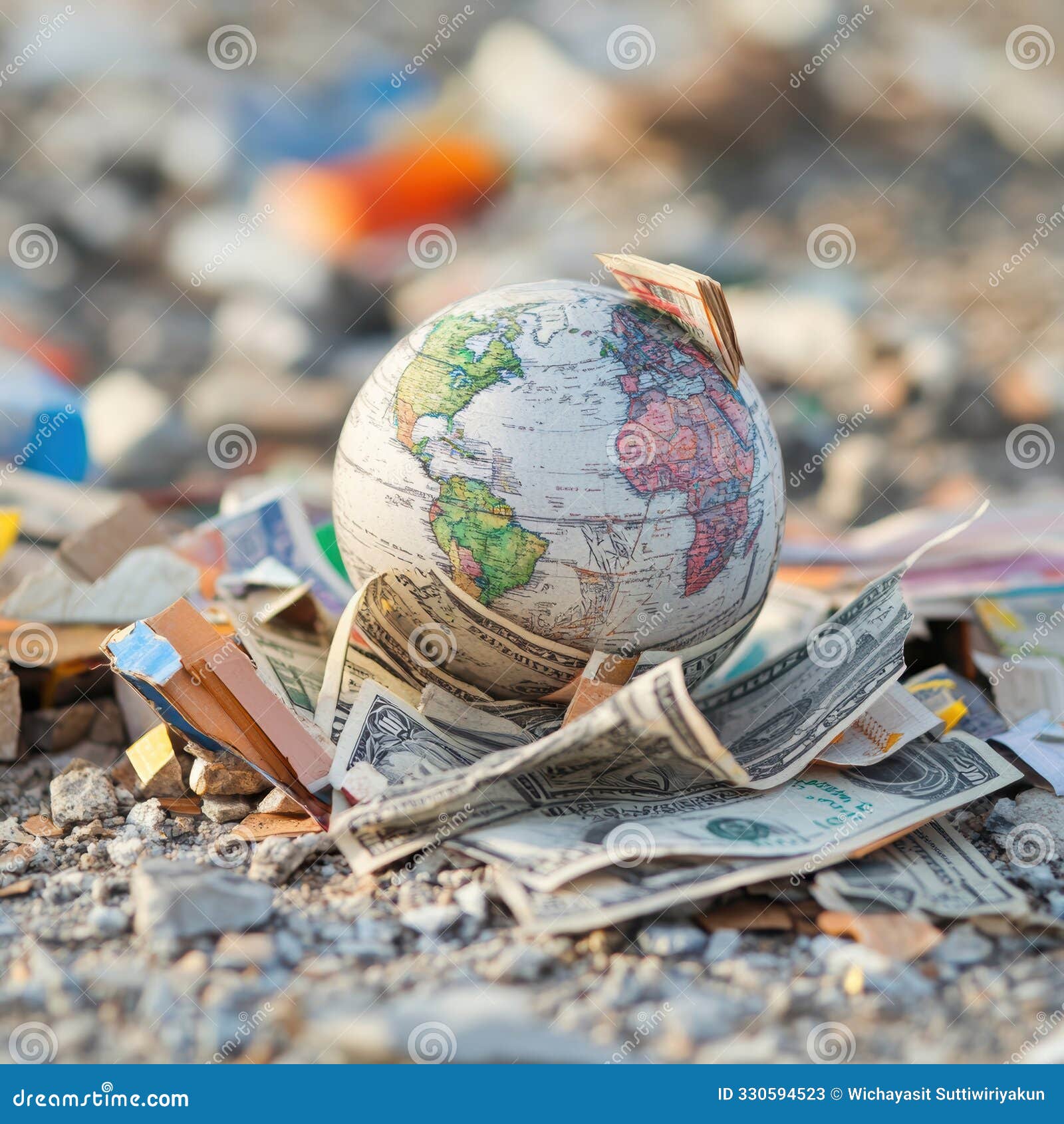A Globe Surrounded by Money and Debris Symbolizes Environmental Issues ...