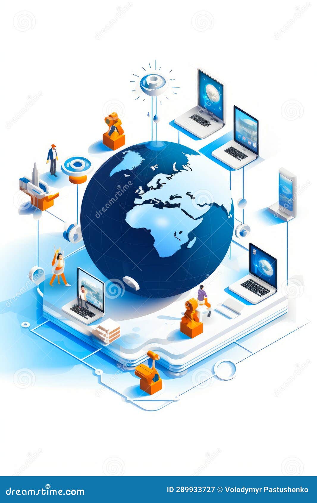 Globe Surrounded by People and Computers on White Background ...