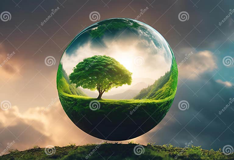 A Globe with a Tree in it with the Sky Reflected in it Stock ...