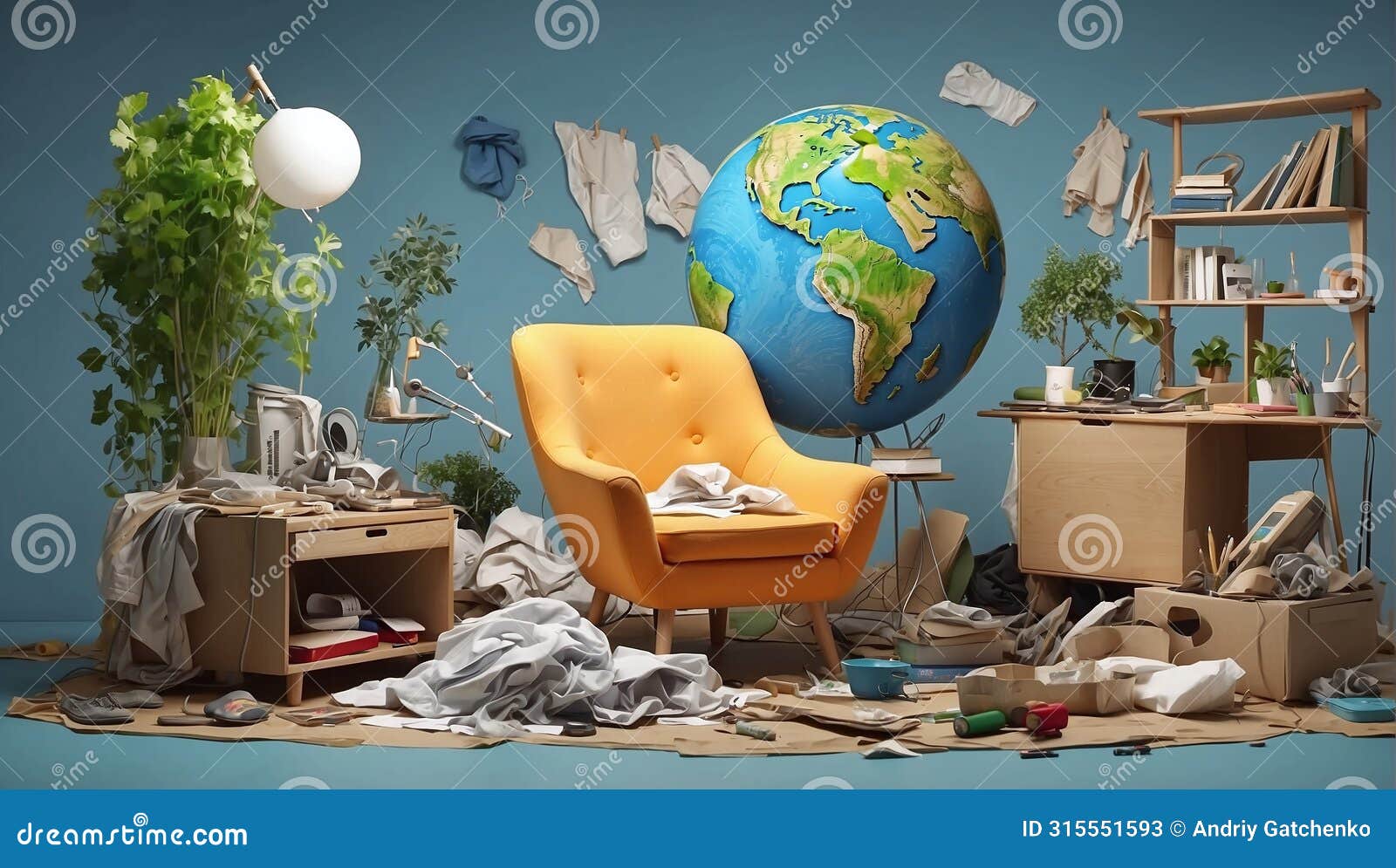Globe in an Untidy Room Full of Garbage Symbolizes Modern Environmental ...