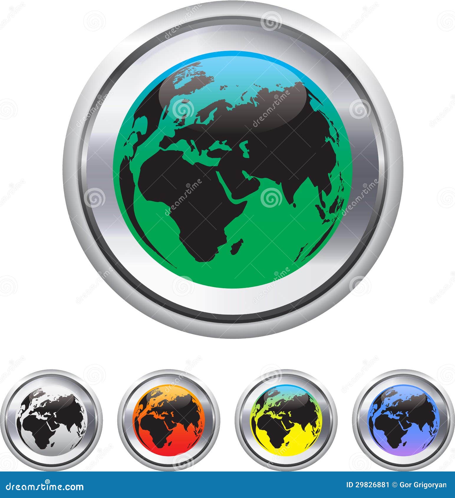 Globe and World Map on Metallic Circle Elements Stock Vector ...