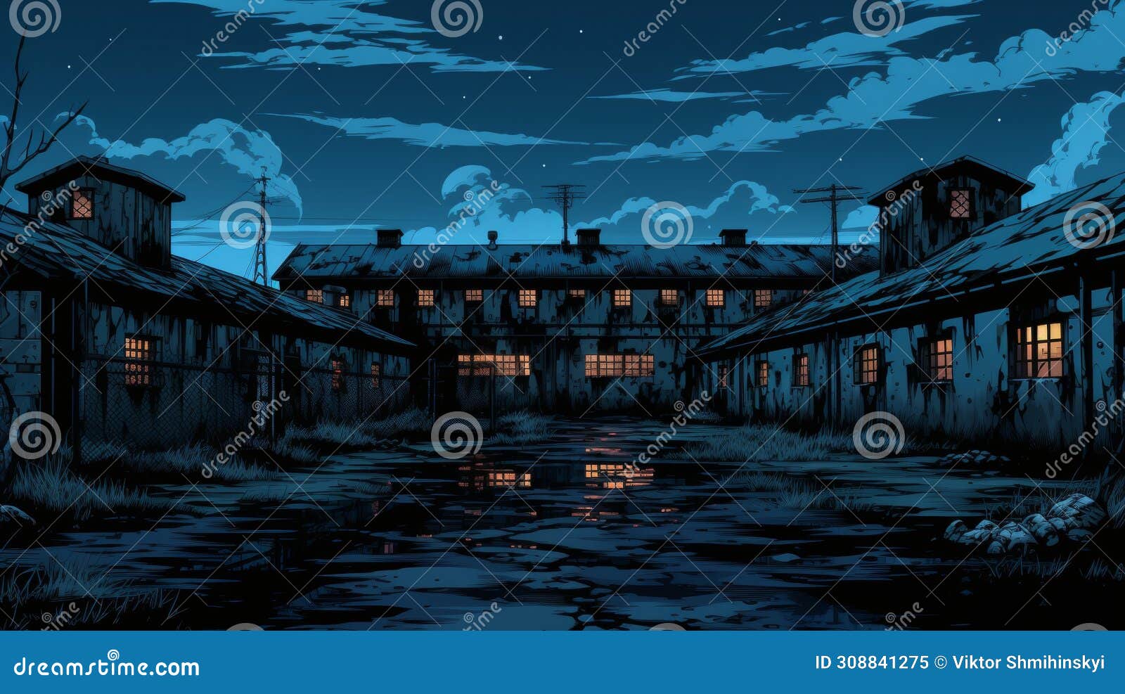 Gloomy Building with Burning Lights in the Windows with Bars Against ...