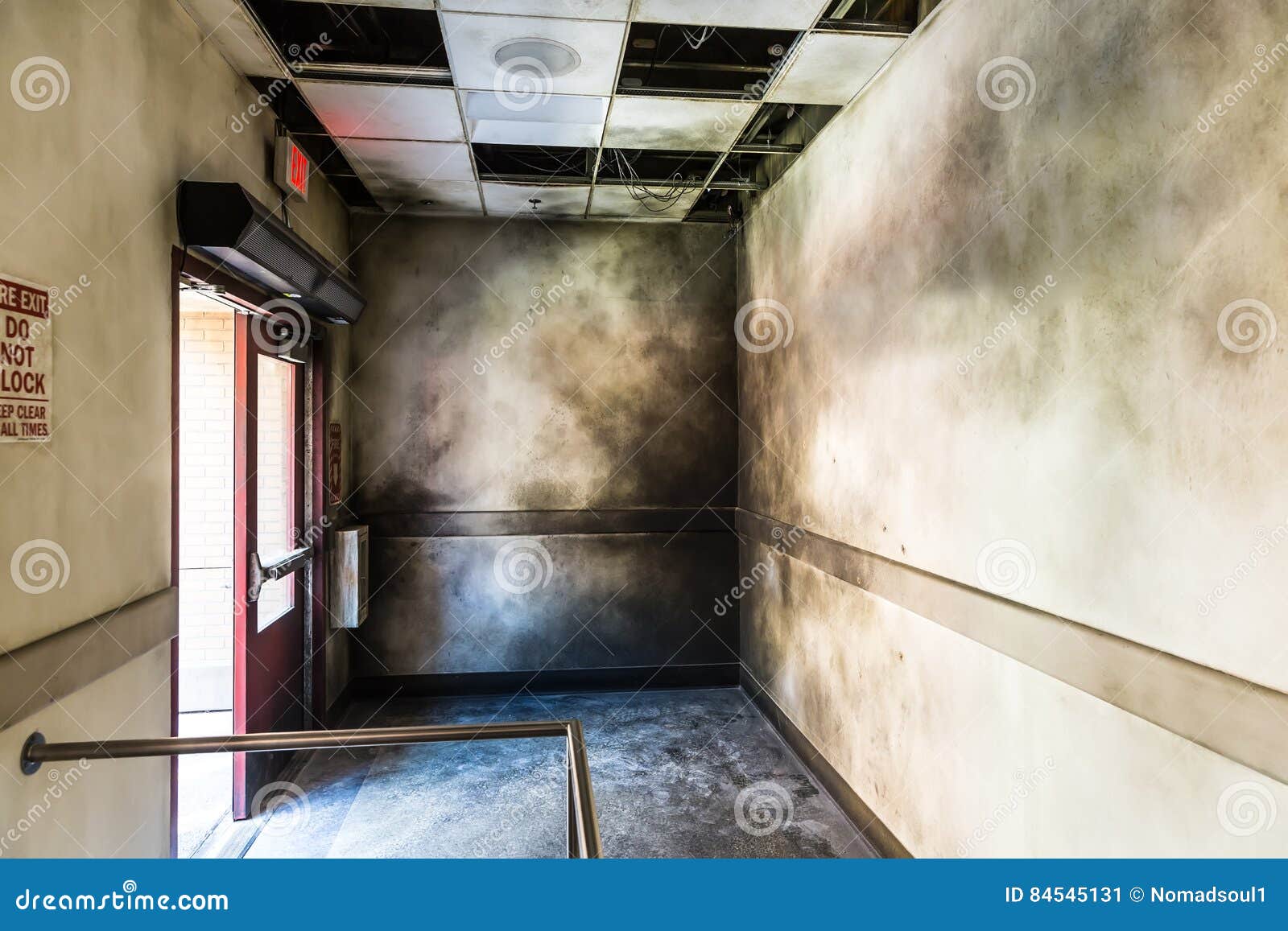 Gloomy Burned Hall and Opened Fire Exit. Stock Image - Image of ...