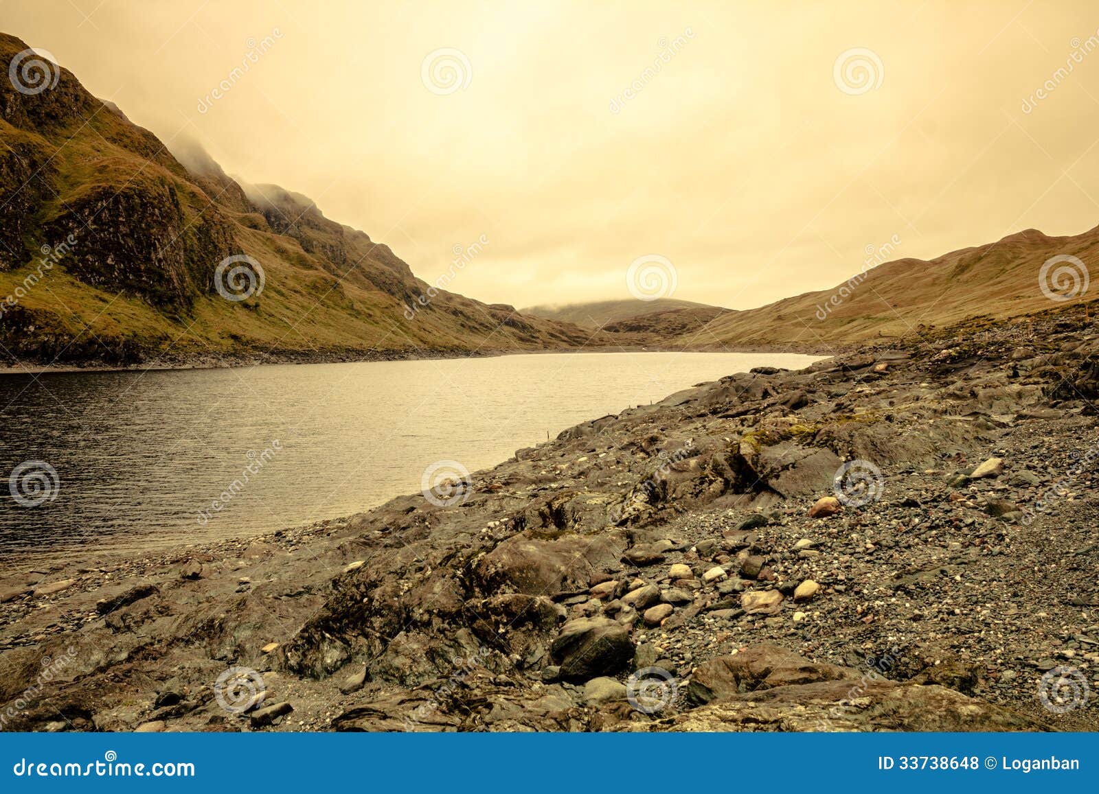Gloomy and Dark View of a Scottish Loch and Mountains Stock Photo ...