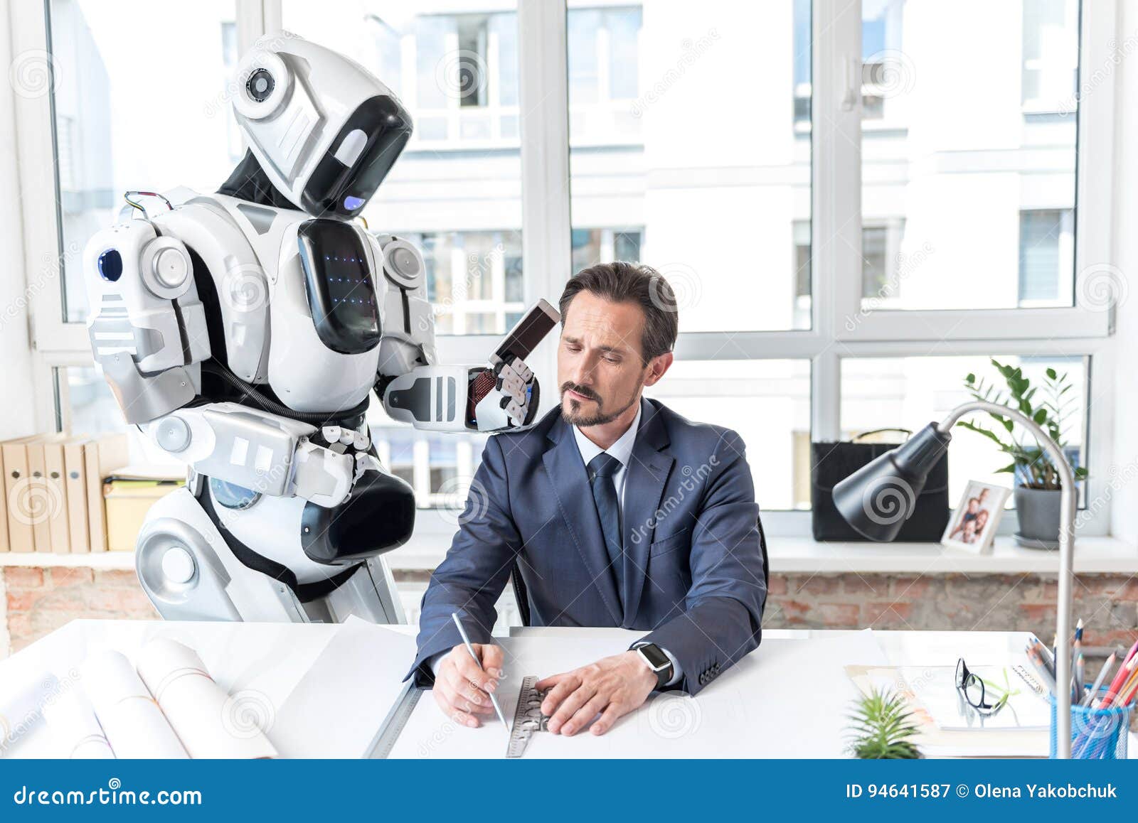 Gloomy Employee is Working with Robot Stock Image - Image of caucasian ...