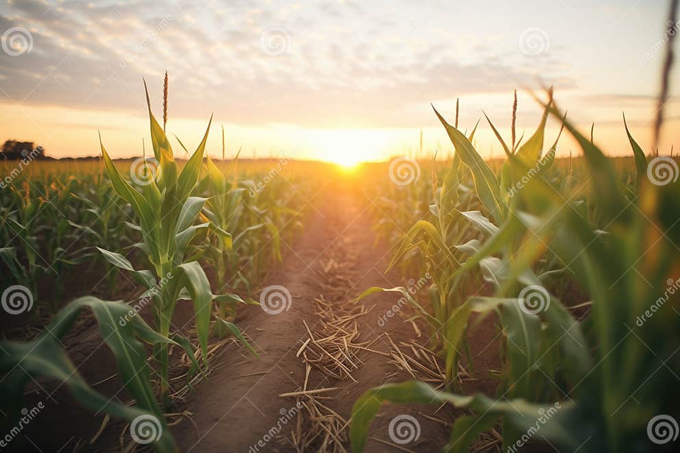 Gloomy Sunset Casting Long Shadows in Corn Rows Stock Photo - Image of ...