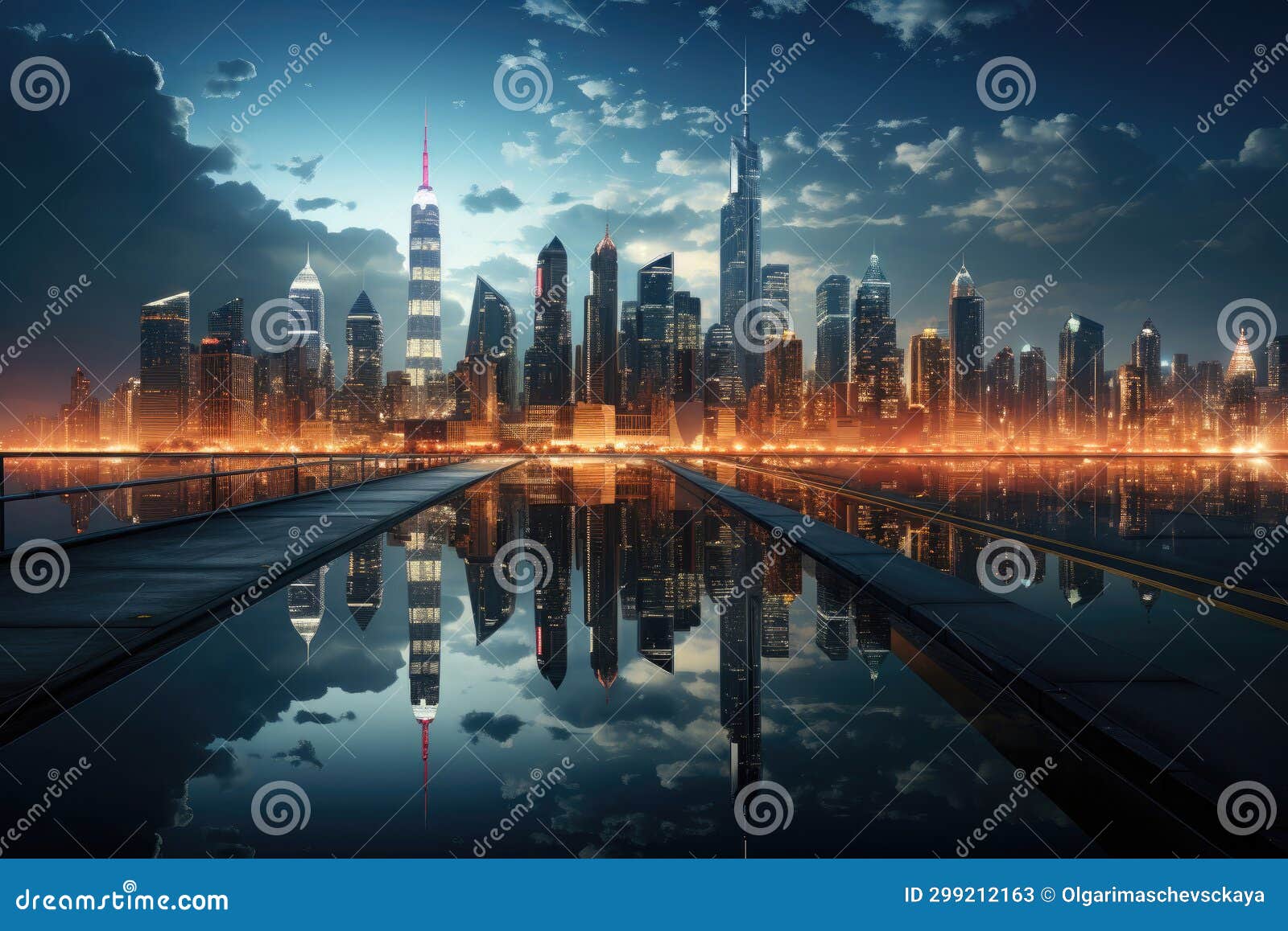 Gloomy View of the City with Skyscrapers at Night Stock Illustration ...