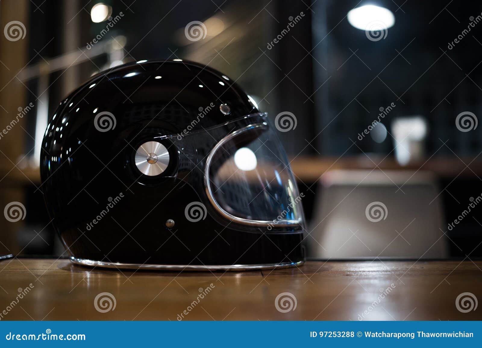 Glossy Black Helmet on Table Stock Photo - Image of ride, gloss: 97253288
