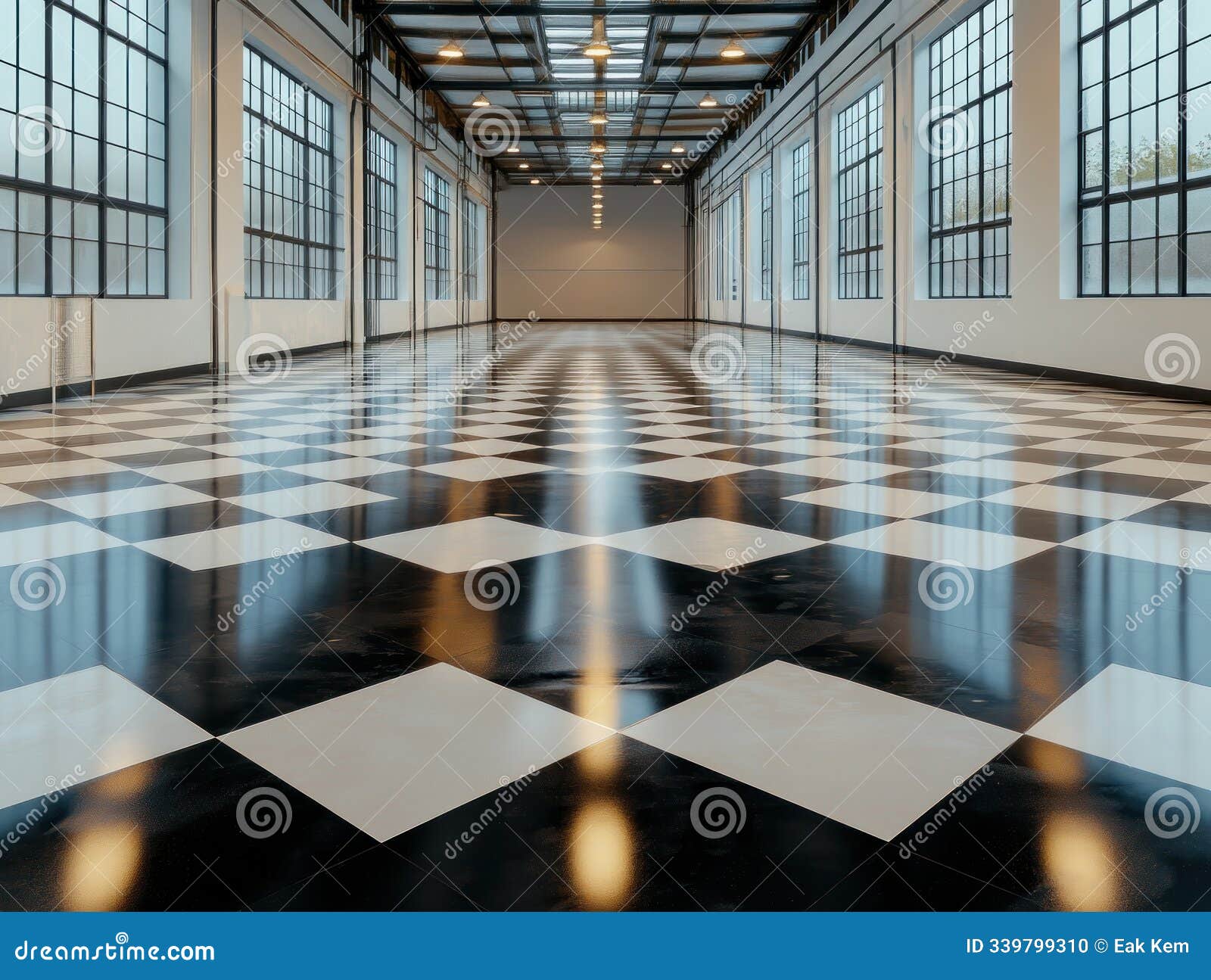 Glossy Black and White Checkerboard Floor in a Modern Industrial Space ...