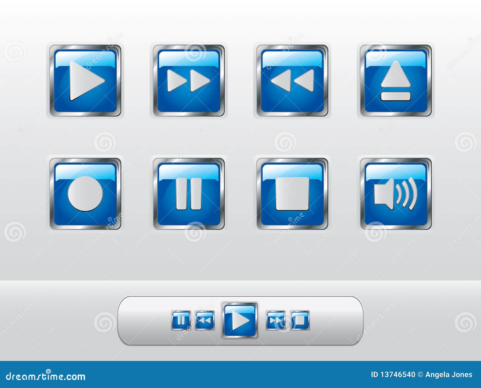 Glossy blue music buttons stock vector. Illustration of play - 13746540