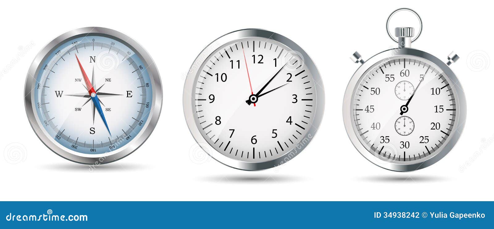 Glossy Compass, Watch and Stopwatch Set. Vector Stock Vector ...