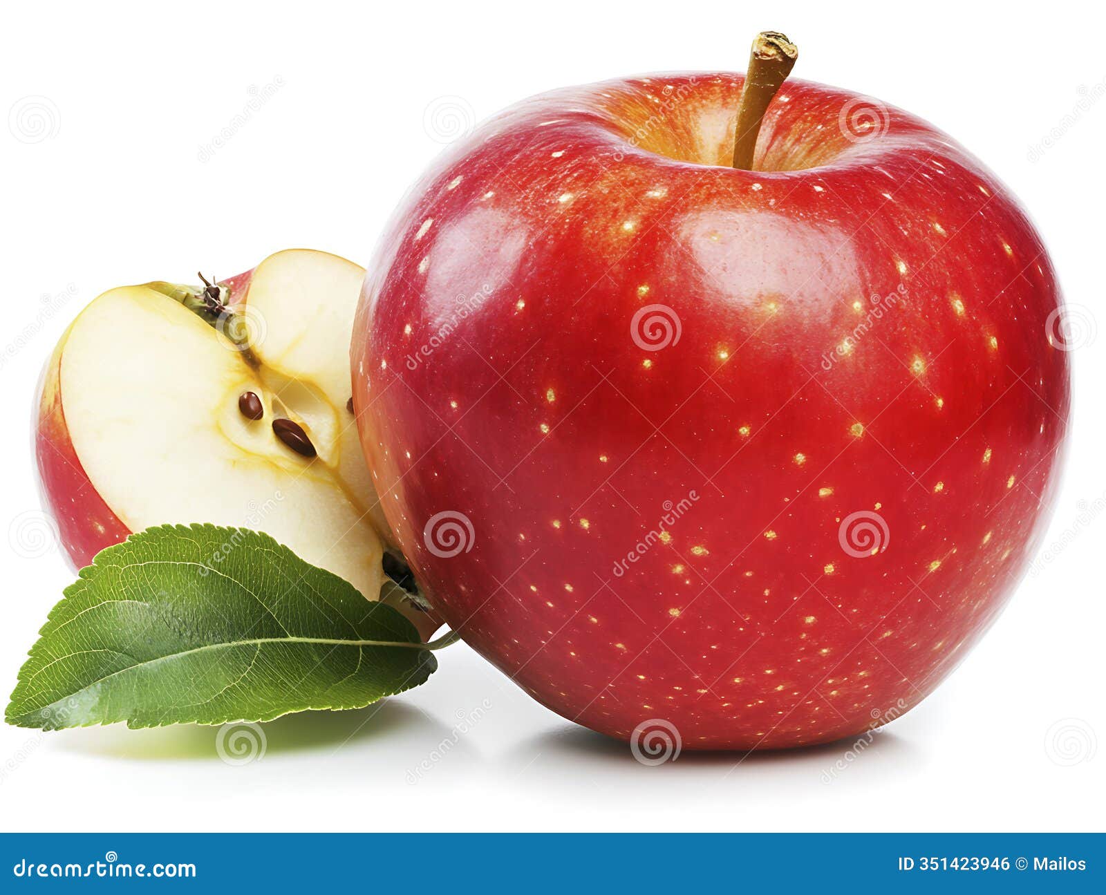 Glossy Fresh Red Apple with Stem and Leaf on White Background Stock ...