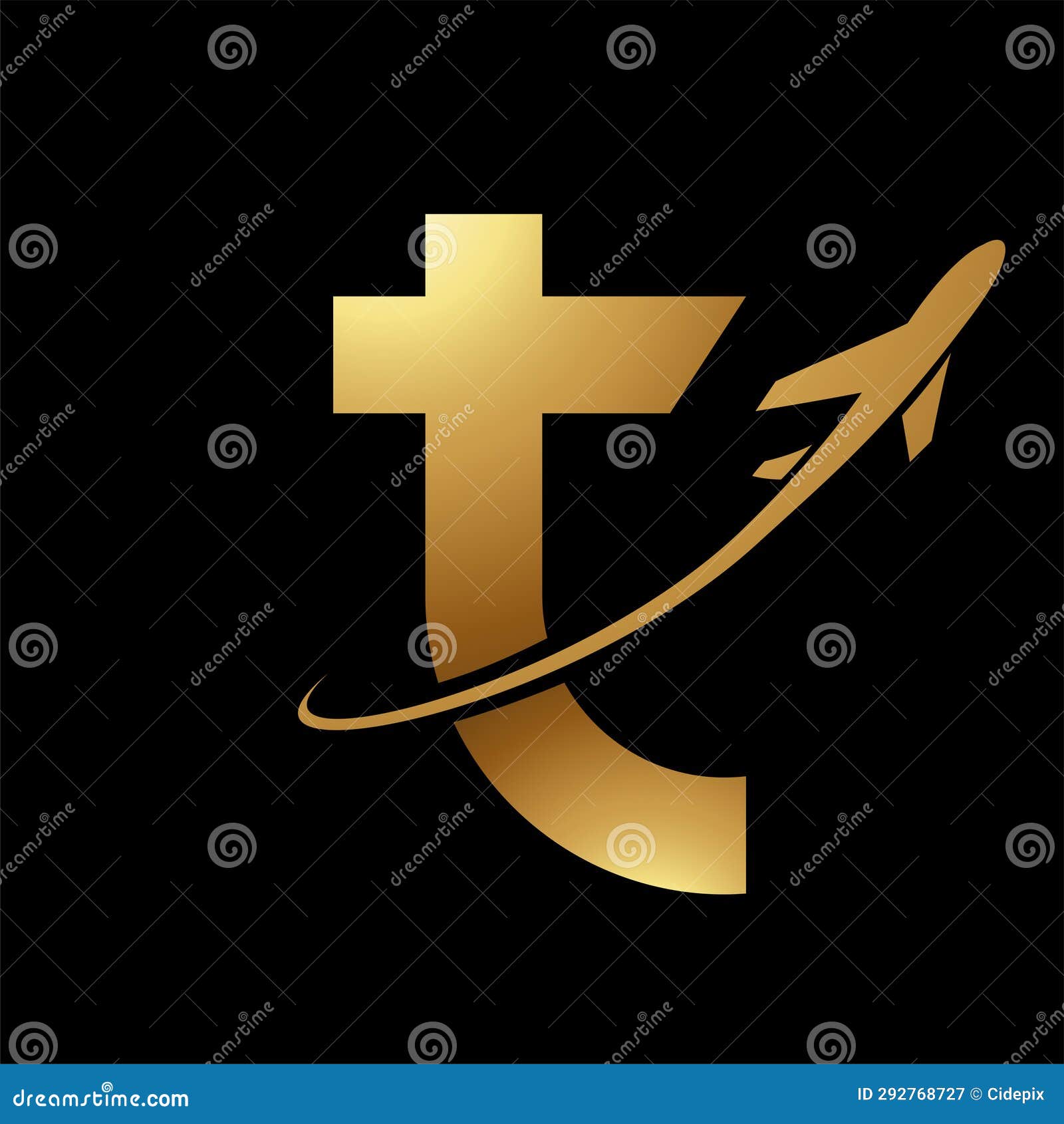 Glossy Gold and Black Lowercase Letter T Icon with an Airplane Stock ...