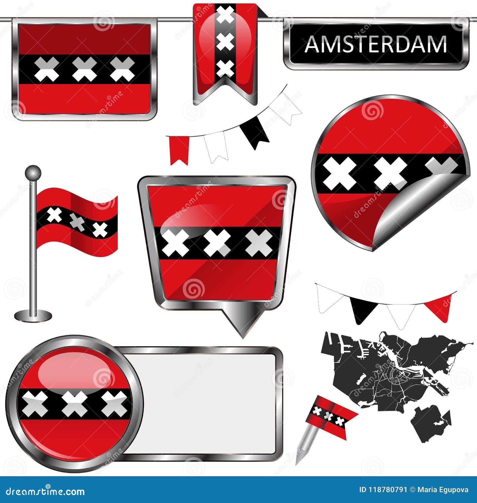 Glossy Icons with Flag of Amsterdam, Netherlands Stock Vector ...