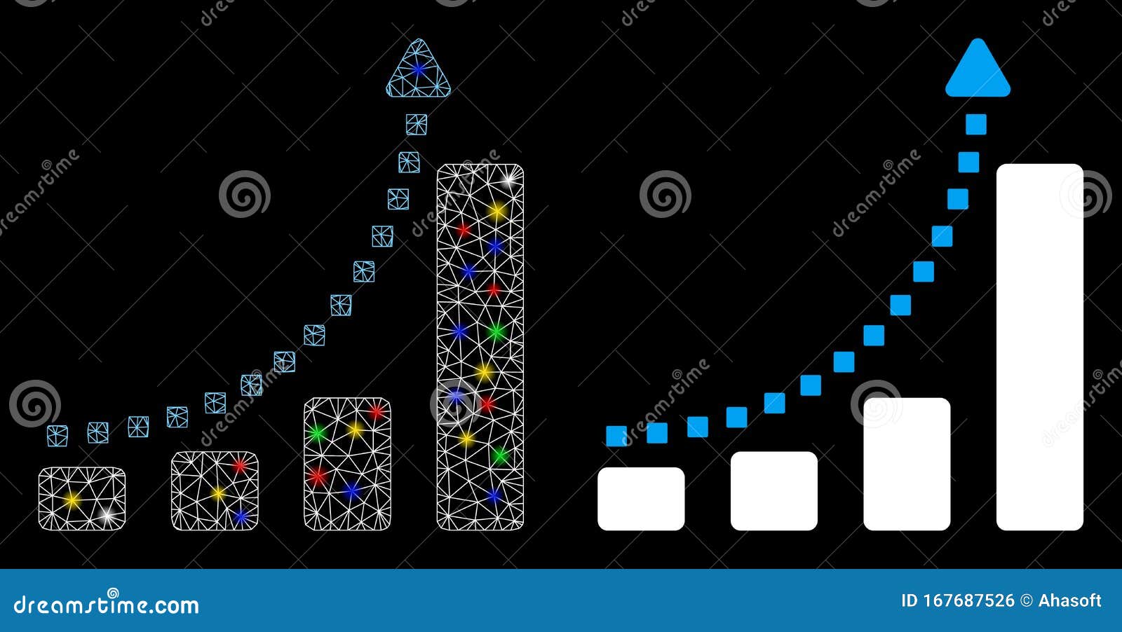 Glossy Mesh Network Bar Chart Trend Icon with Flash Spots Stock Vector ...