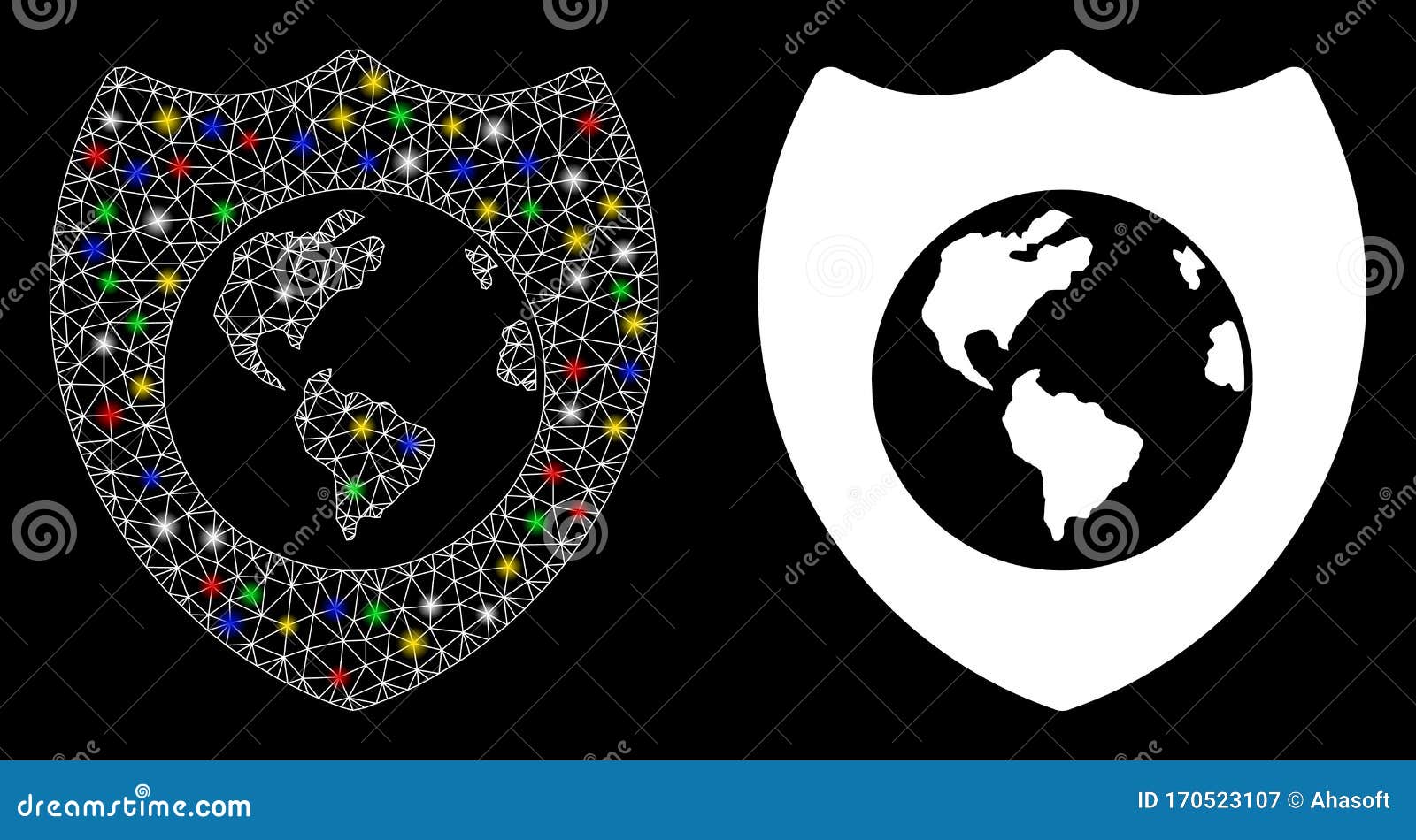 Glossy Mesh Wire Frame Earth Shield Icon with Light Spots Stock Vector ...