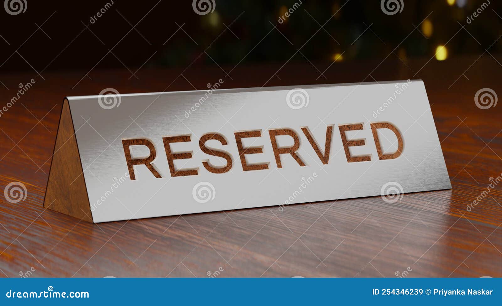 Glossy Metal Reserved Table Sign or Tag on Wooden Surface, 3D Render ...