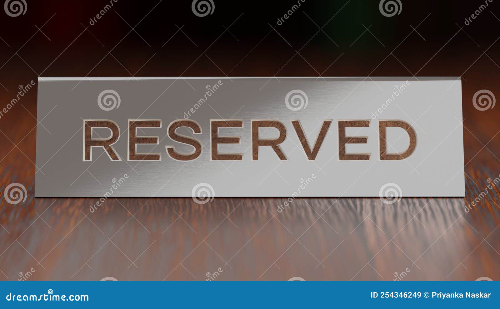 Glossy Metal Reserved Table Sign or Tag on Wooden Surface, 3D Render ...