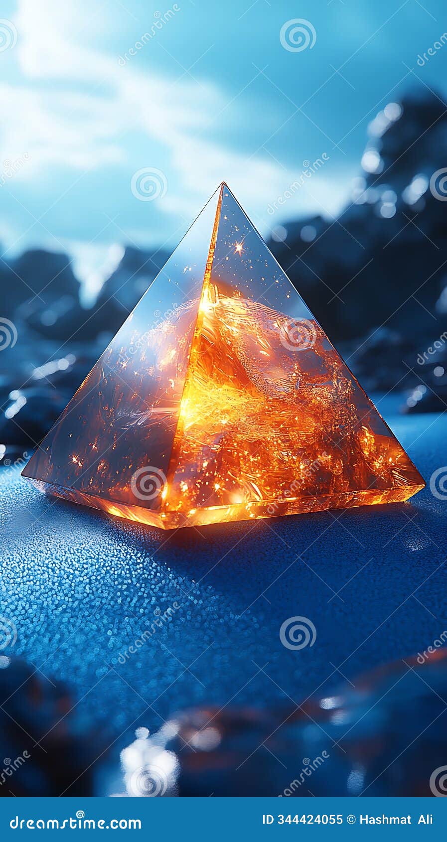 Glossy Metallic Pyramid Floating on a Solid Blue Backdrop Stock ...