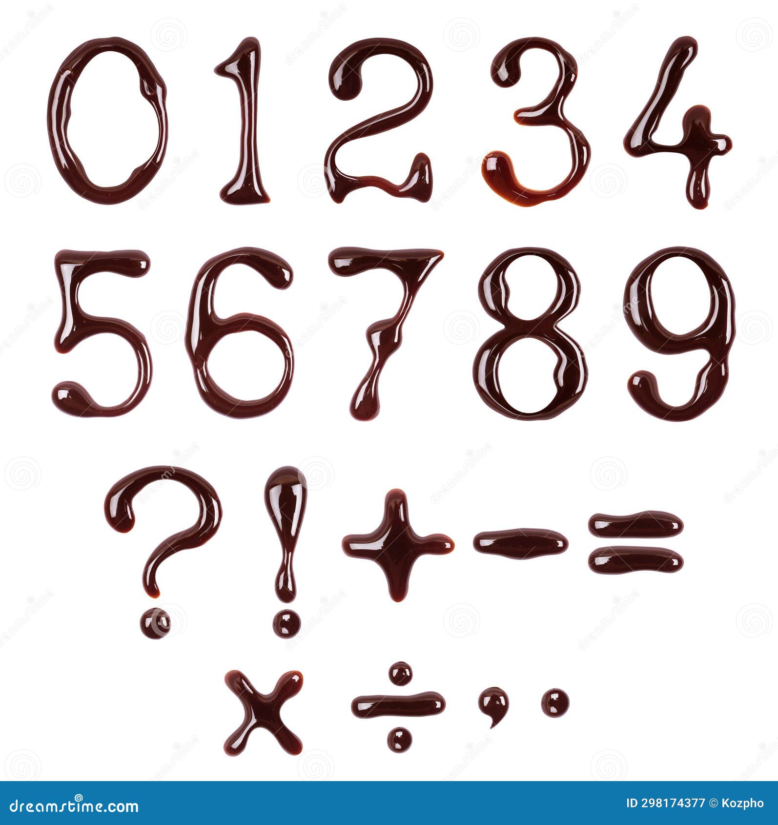 Glossy Numbers and Signs Made of Melted Chocolate Isolated on a White ...