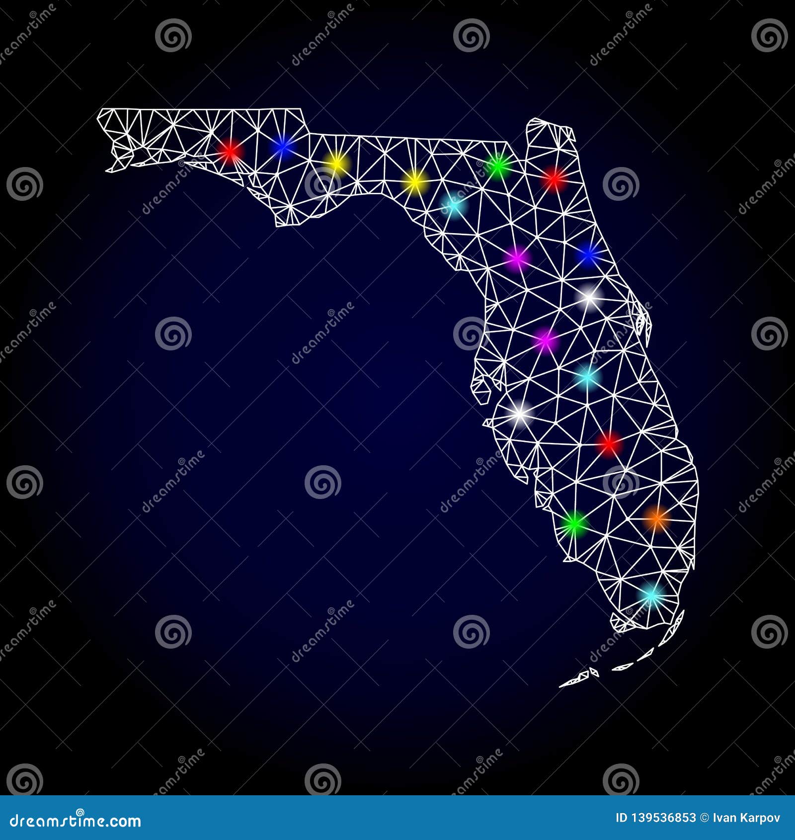 Raster 2D Mesh Map of Florida State with Glowing Spots for Christmas ...