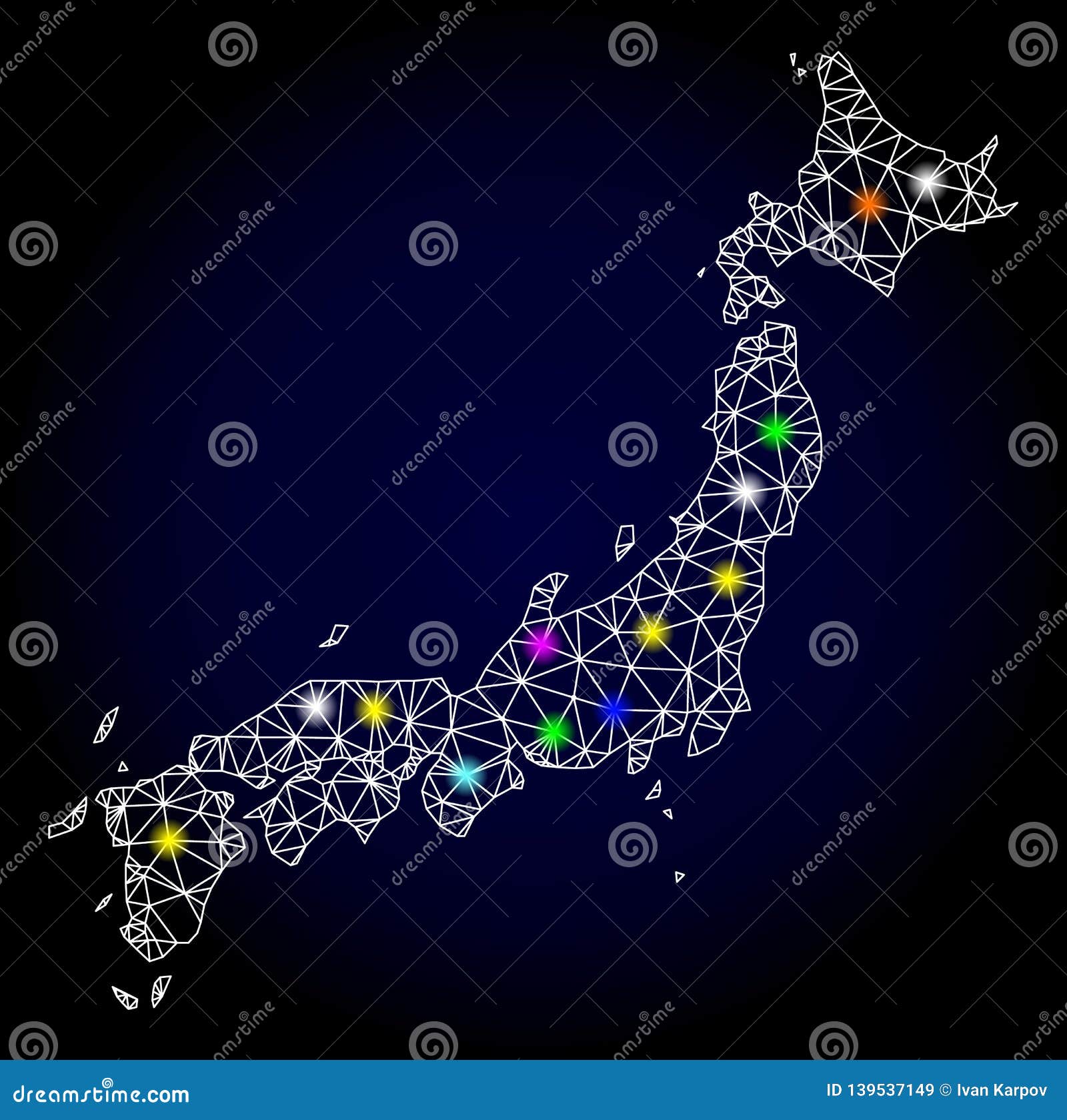 Raster Wire Frame Mesh Map of Japan with Light Spots for Christmas ...