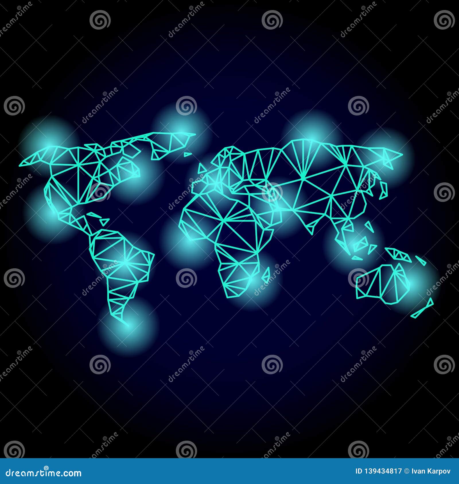 Polygonal 2D Mesh Map of World with Light Spots Stock Illustration ...