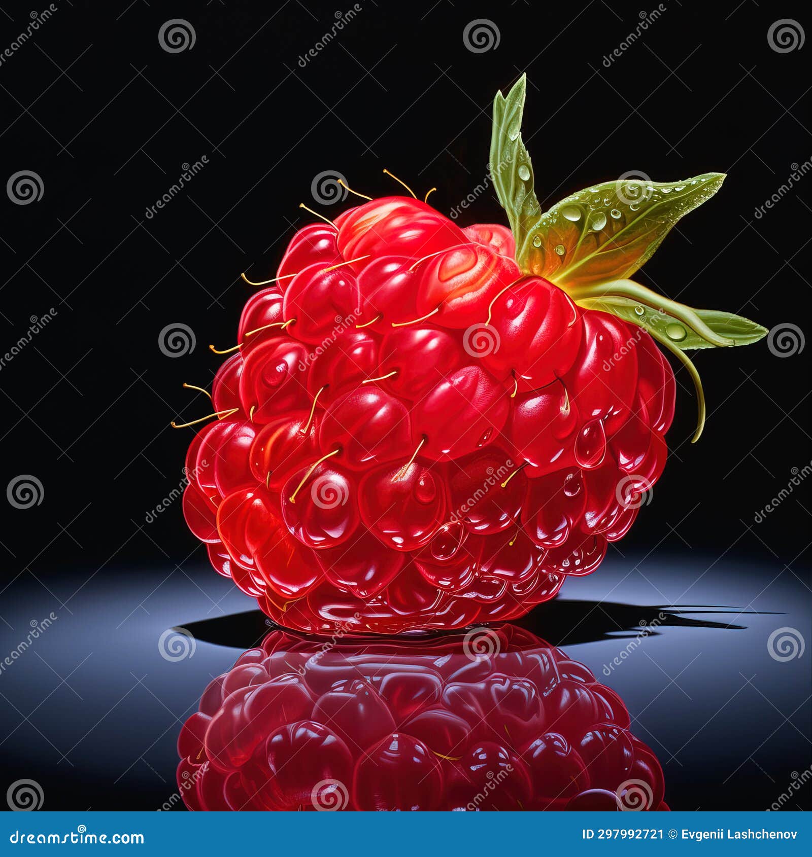 Glossy Raspberry-Shaped Artwork with Dewy Leaves on Reflective Surface ...