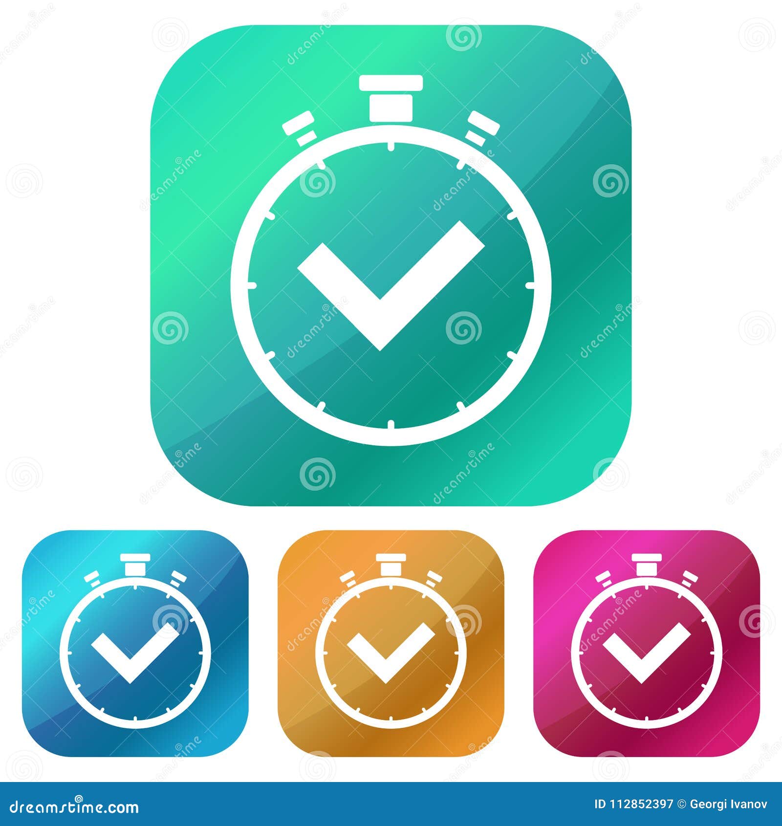 Glossy, Square, Gradient Timer White Silhouette Icon. Four Color ...