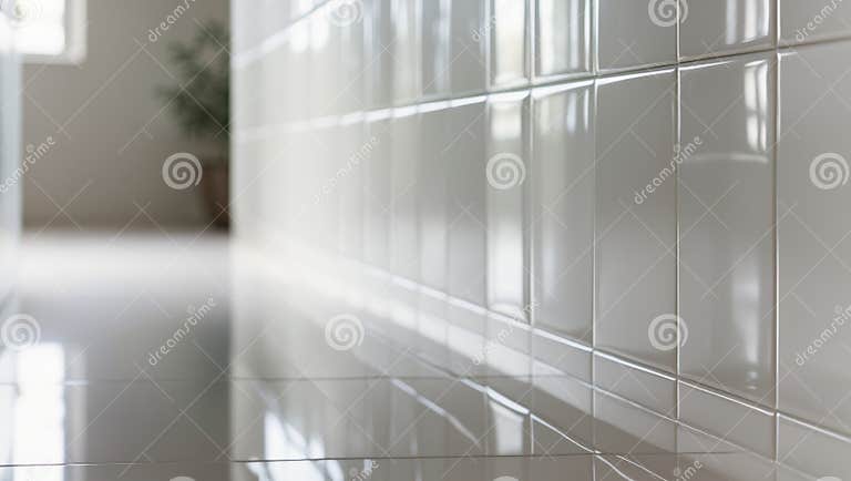 Glossy White Tile Wall with Reflective Floor Surface. Stock Image ...