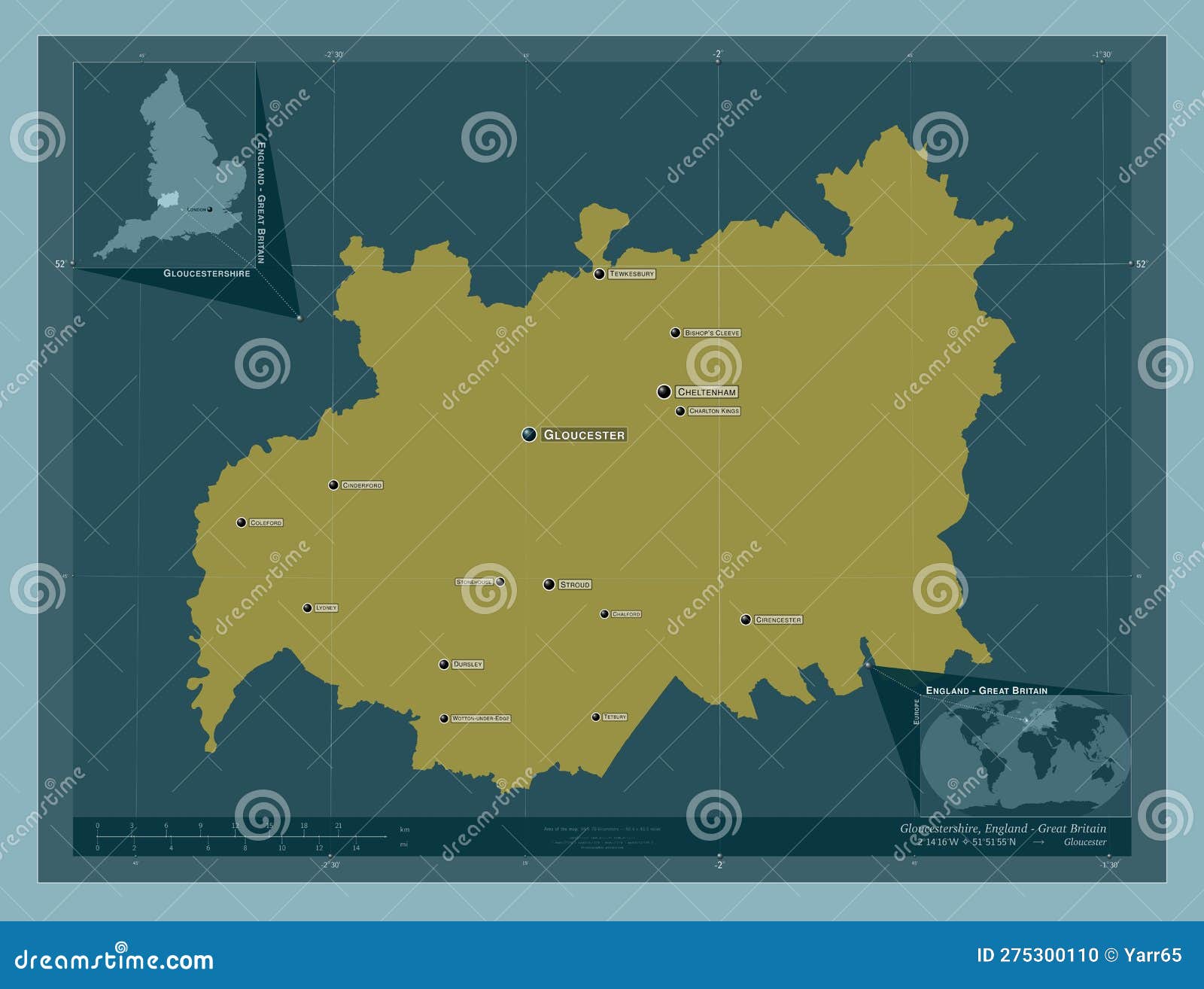 Gloucestershire, England - Great Britain. Solid. Labelled Points Stock ...