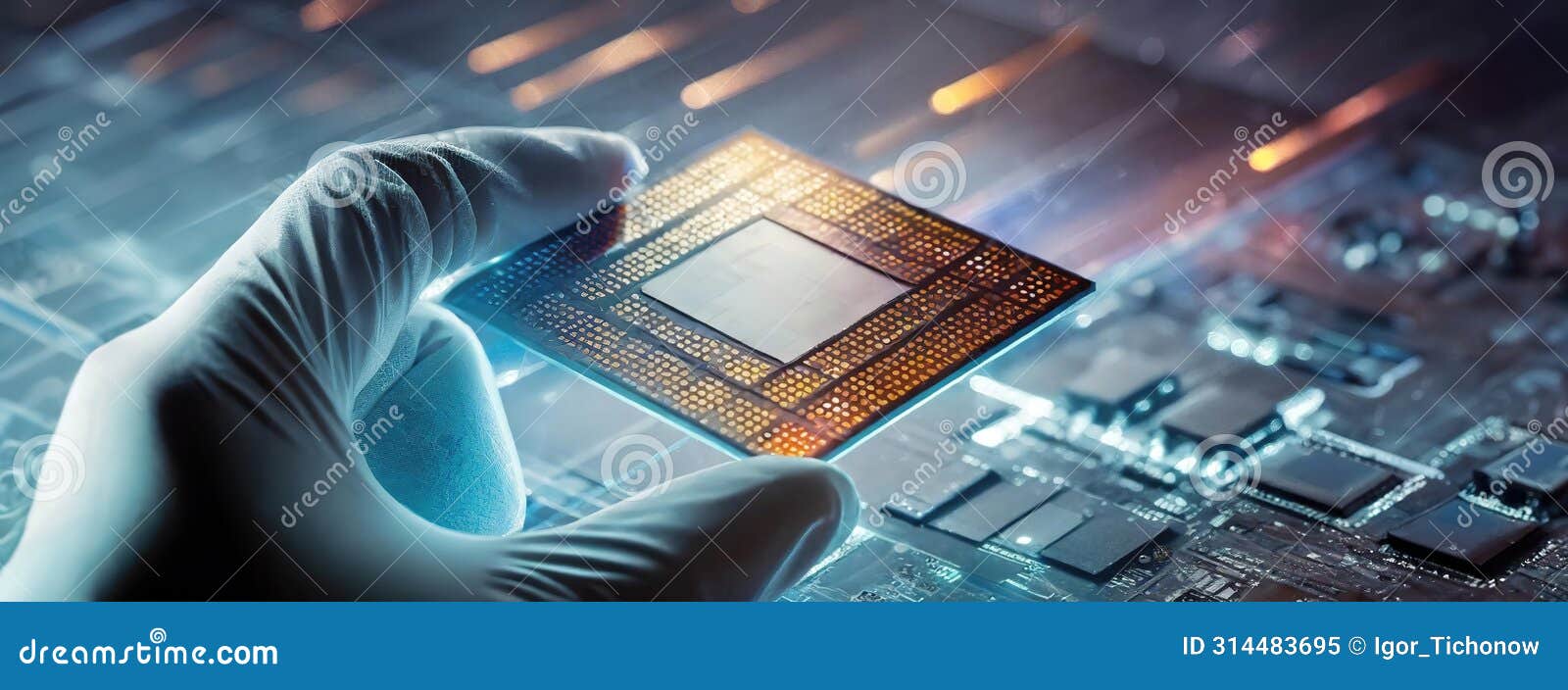 Gloved Hand Holding a Microprocessor Chip Over a Circuit Board. Silicon ... Gloved Hand Holding a Microprocessor Chip Over a Circuit Board. Silicon ...