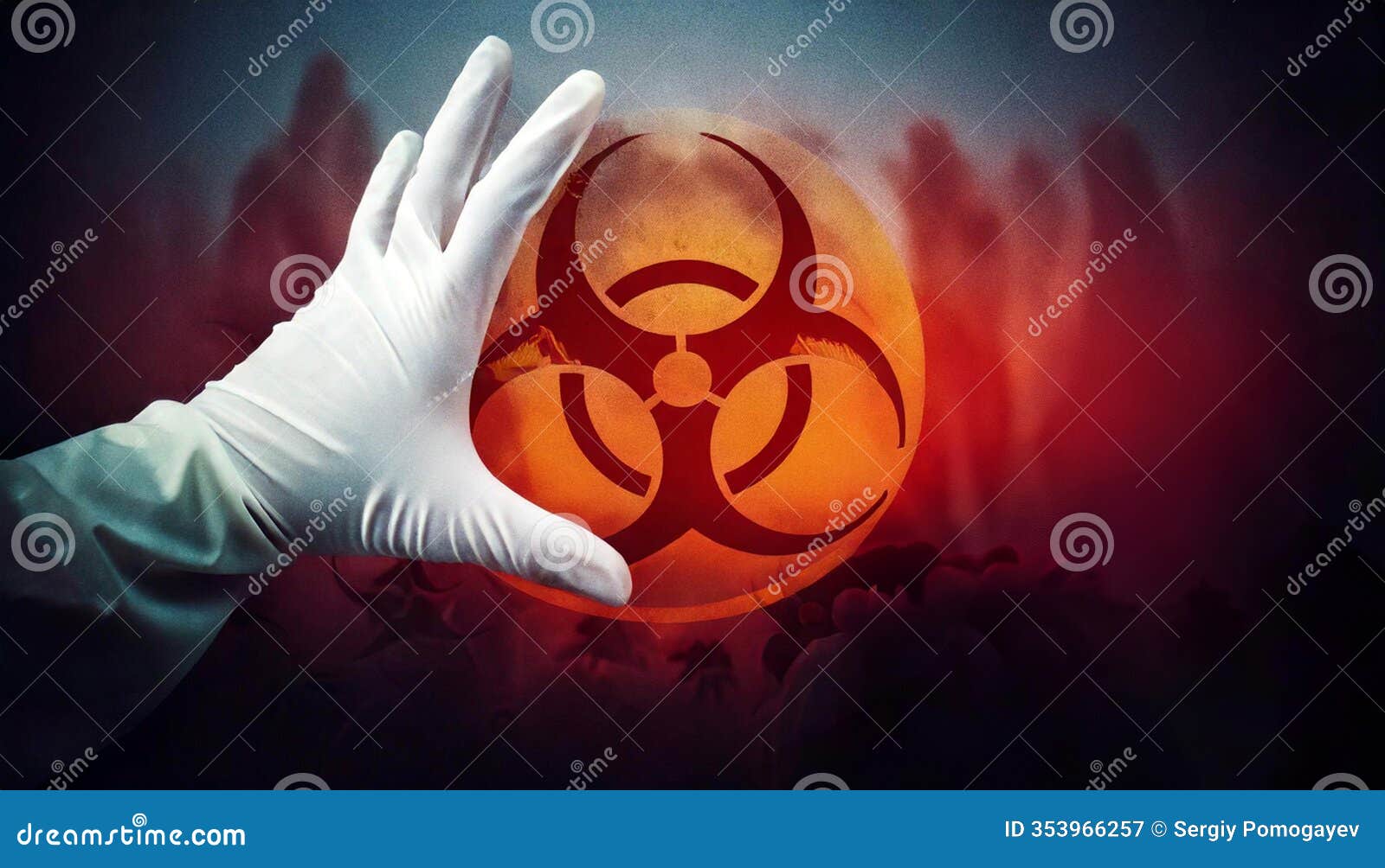 Gloved Hand Touching Biohazard Symbol with Fiery Background Stock ...