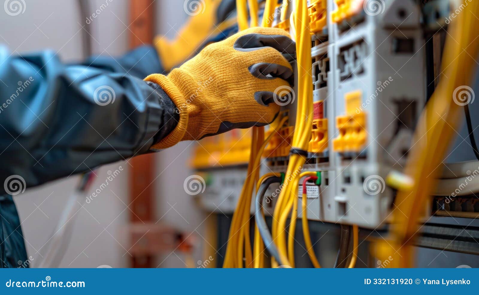 Gloved Hands Adjusting Electrical Wiring in a Circuit Breaker Panel ...