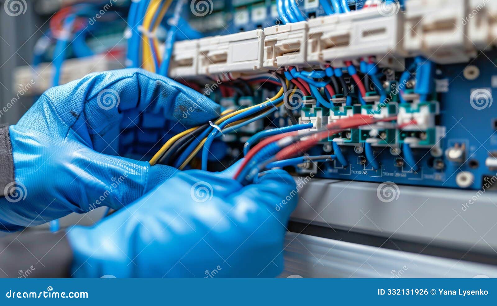 Gloved Hands Adjusting Electrical Wiring in a Circuit Breaker Panel ...