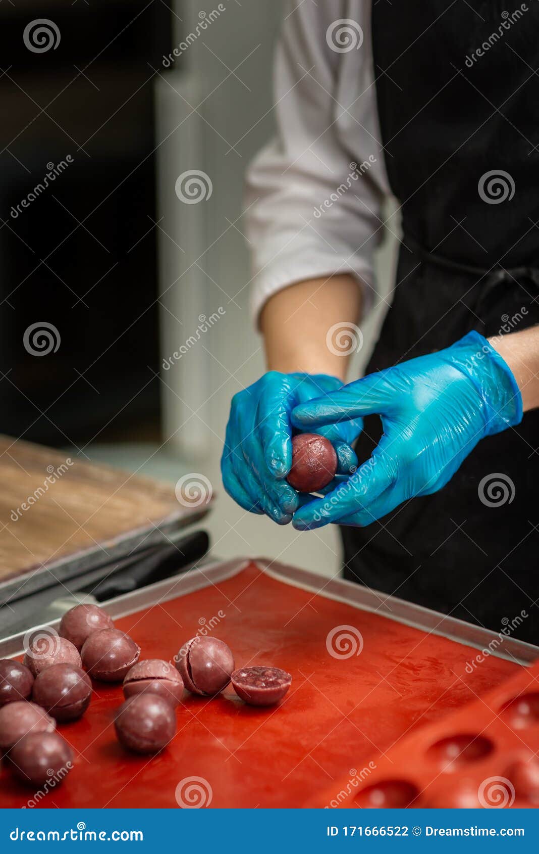 Confectioner in Gloves Makes Chocolates in Forms Stock Photo - Image of ...