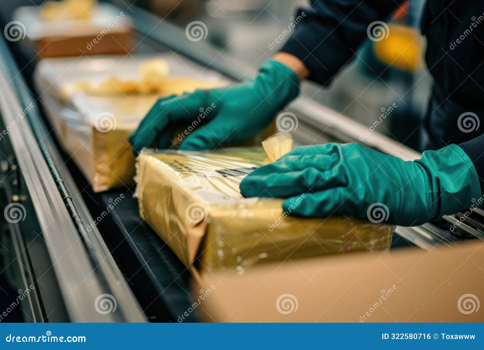 Worker Packaging Boxes on a Conveyor Belt in a Factory Stock Photo ...