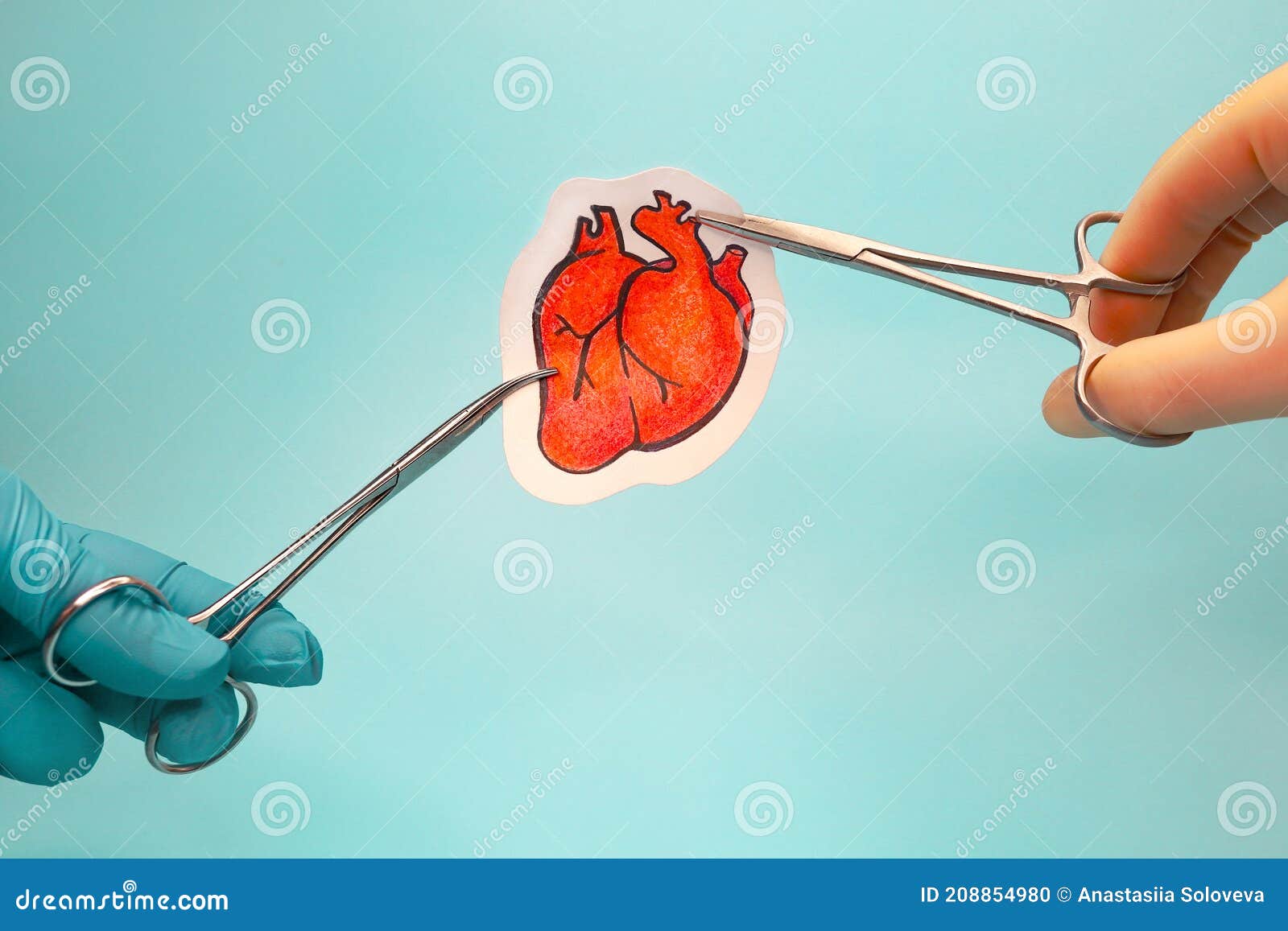 Heart Surgery. Medical Instruments and Drawing of Heart on Blue ...