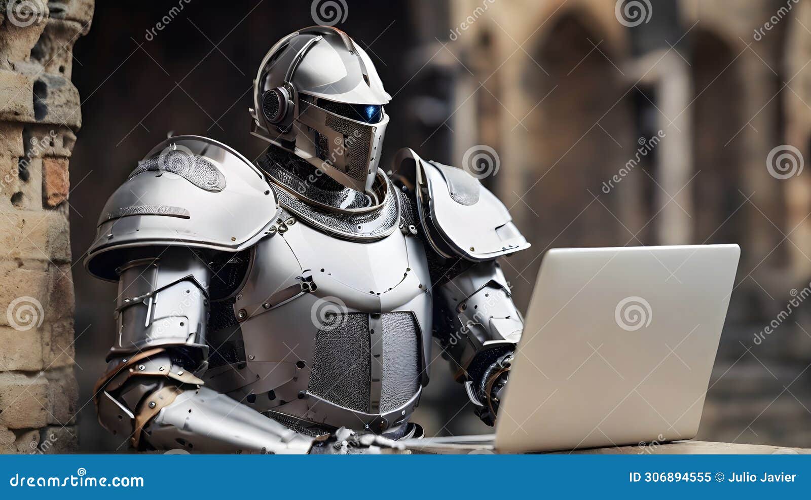 A Robotic Knight Working on Laptop, AI Latest Technology, AI Generated ...